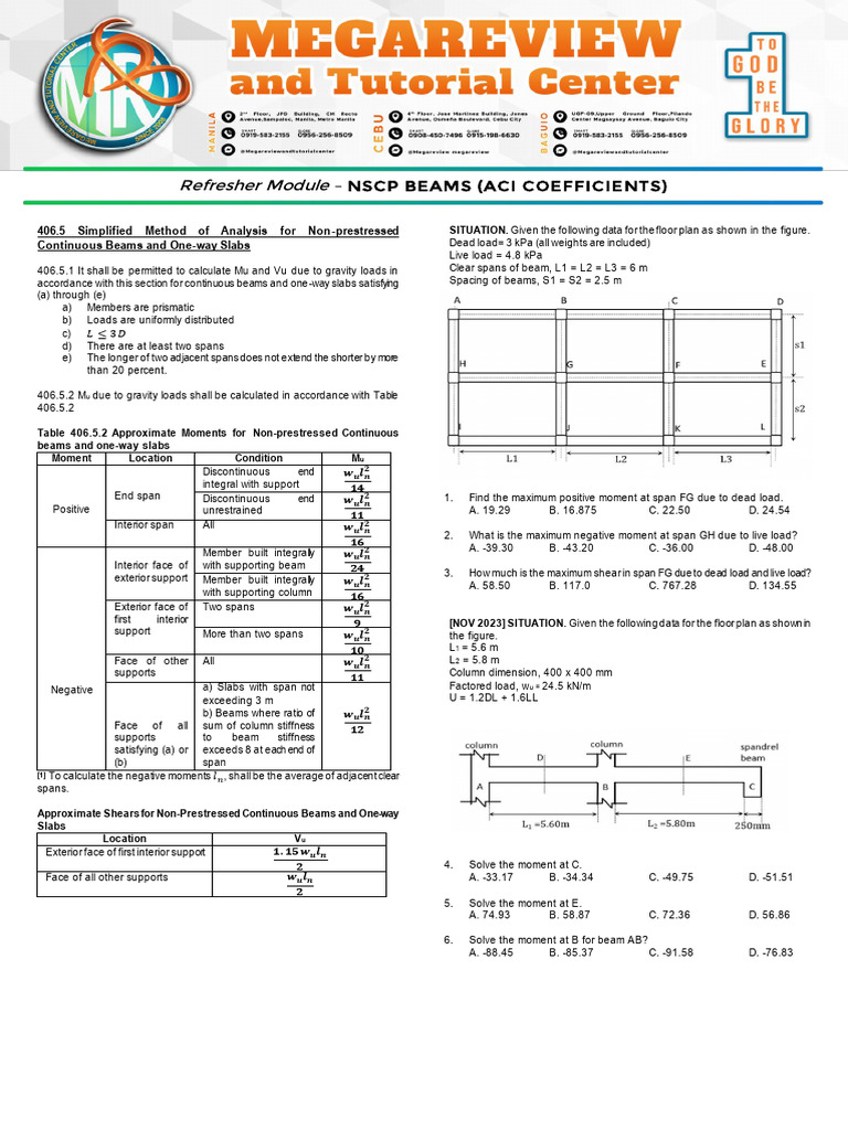 Refresher Module - NSCP BEAMS (ACI COEFFICIENTS) | PDF | Beam (Structure) | Mechanical Engineering