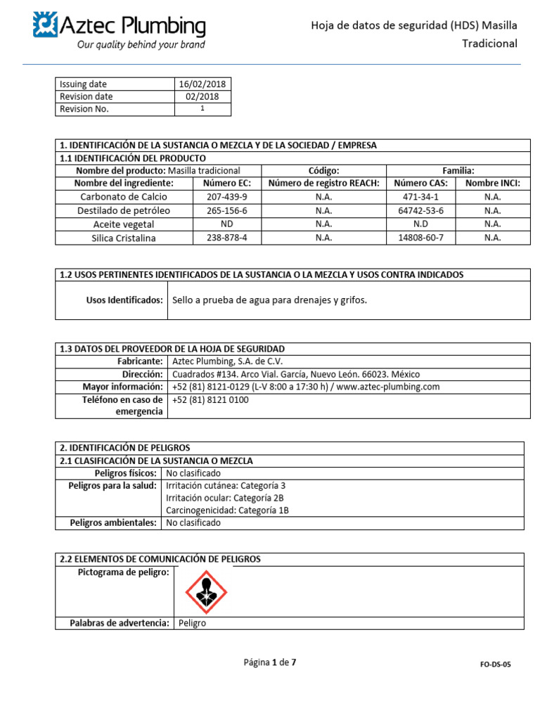 MSDS-Masilla Regular ESP | PDF | Agente oxidante | Solubilidad