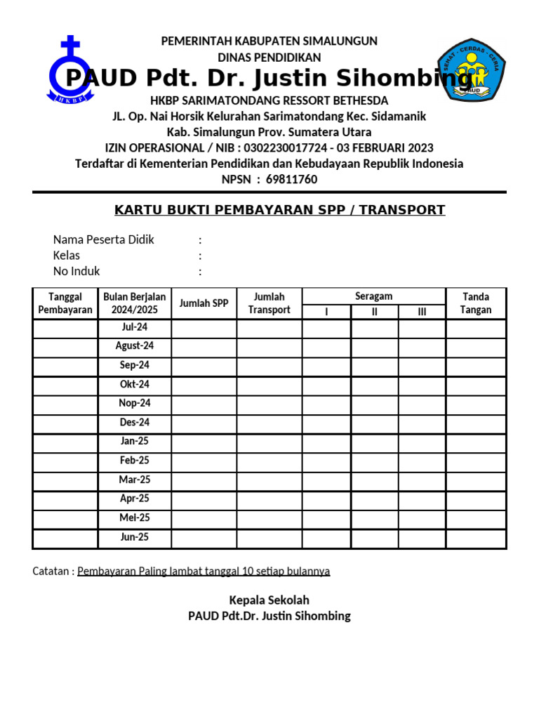 Kartu Pembayaran SPP PAUD Simalungun | PDF