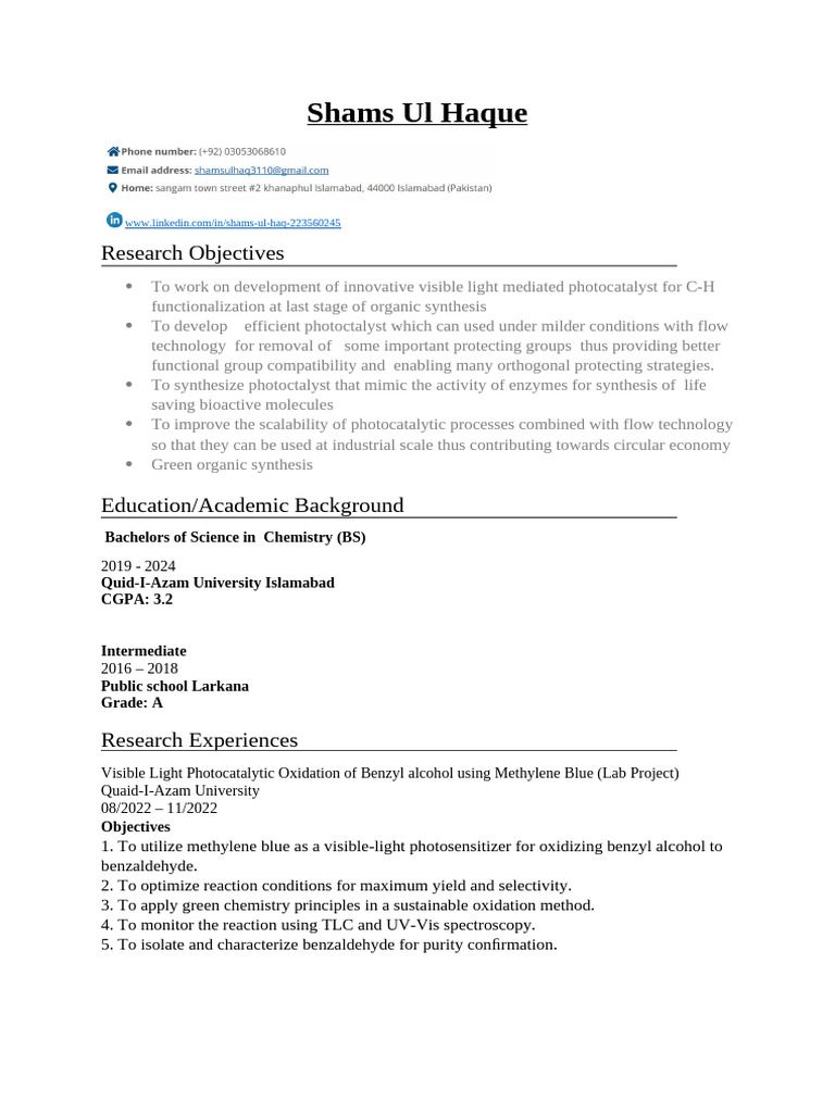Shams Ul Haque ISTA Internship CV | PDF | High Performance Liquid ...