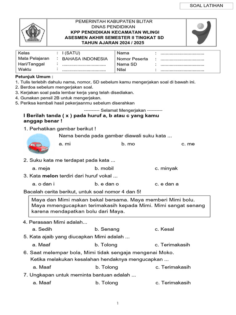 Soal Latihan Bahasa Indonesia Sas | PDF