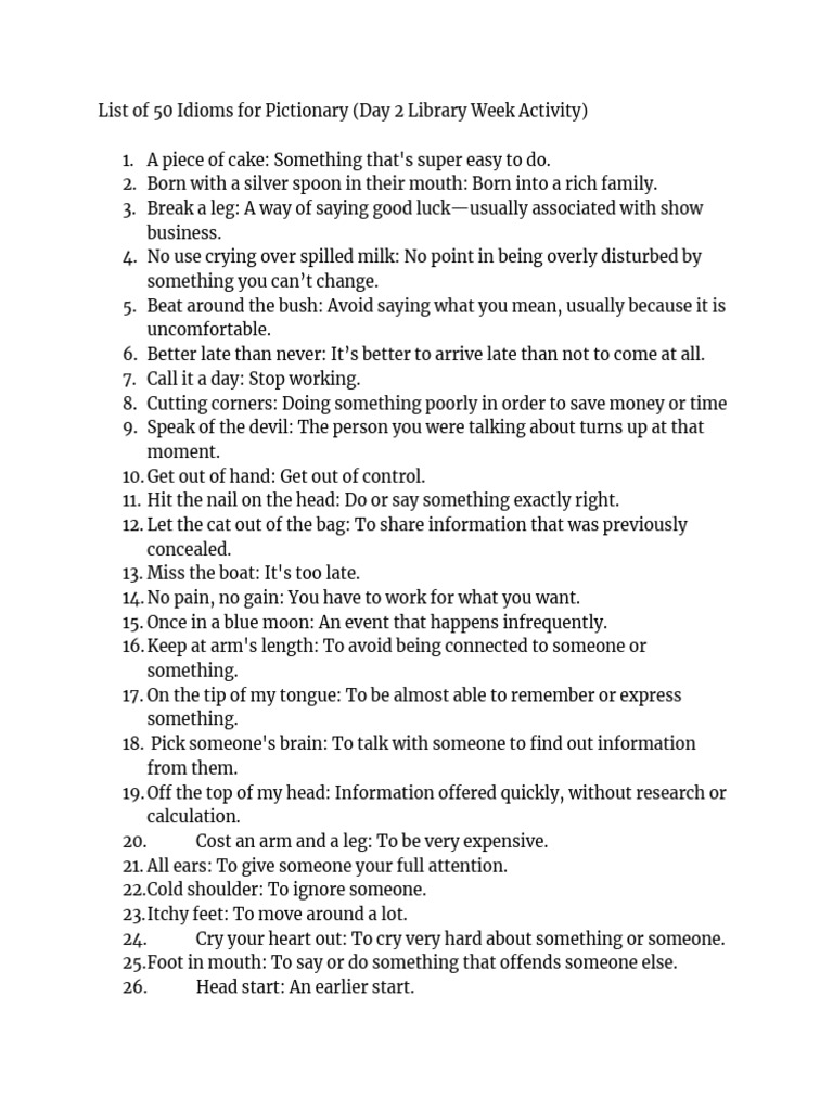 Grade 6 Day 2 Library Week - Idiom Pictionary | PDF