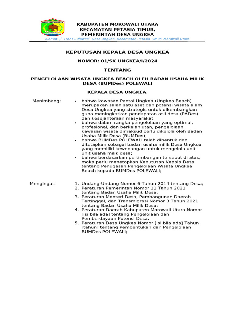 Surat Keputusan Kepala Desa Tentang Wisata | PDF