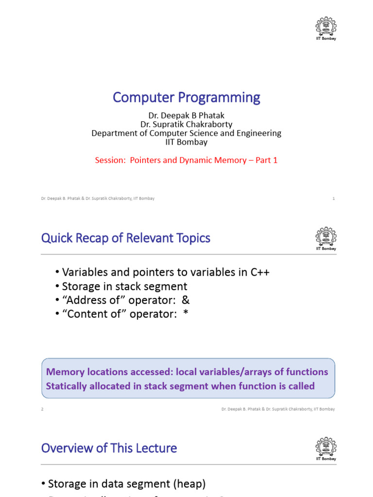 CS101x S433A Pointers and Dynamic Memory Part 1 IIT Bombay | PDF | Pointer (Computer Programming ...
