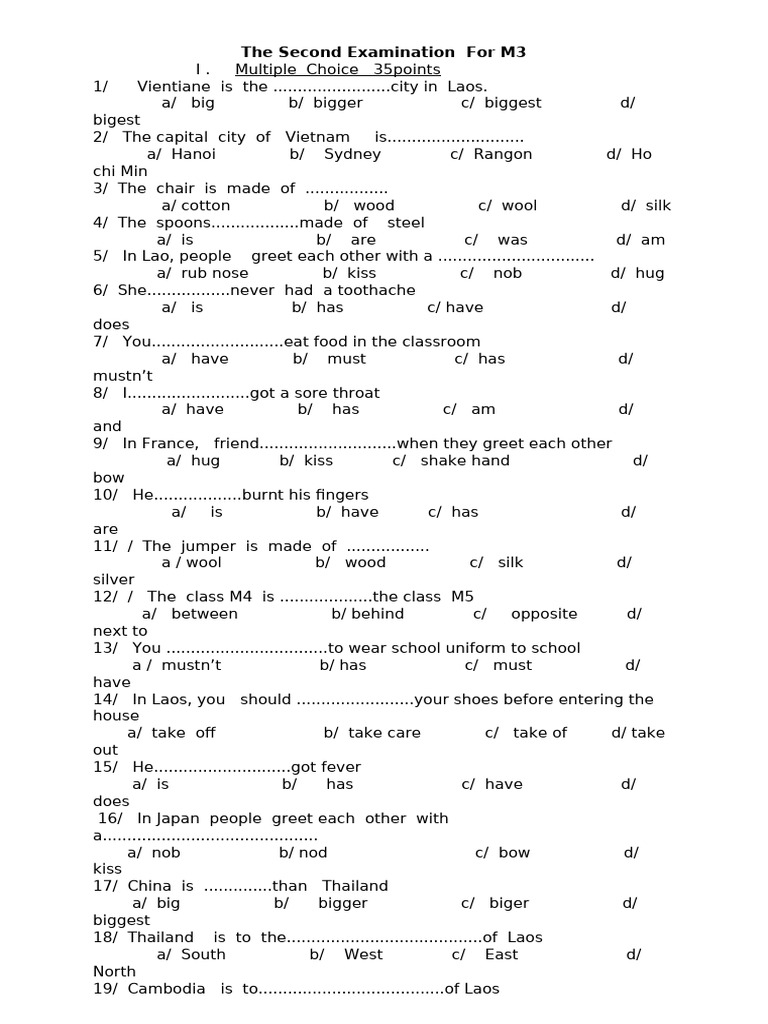 M3 Second Exam: Multiple Choice Questions | PDF | Laos