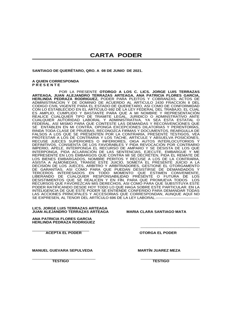 Carta Poder para Pleitos y Cobranza | PDF | Juez | Esfera pública