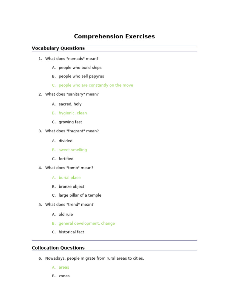 Vocabulary and Comprehension Exercises | PDF