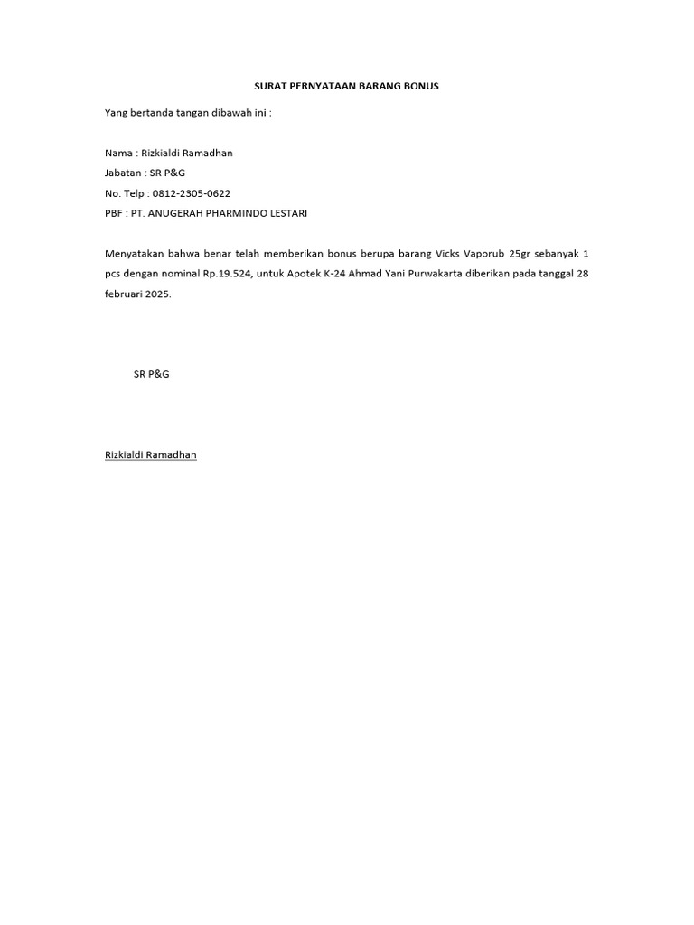 Surat Pernyataan Barang Bonus | PDF