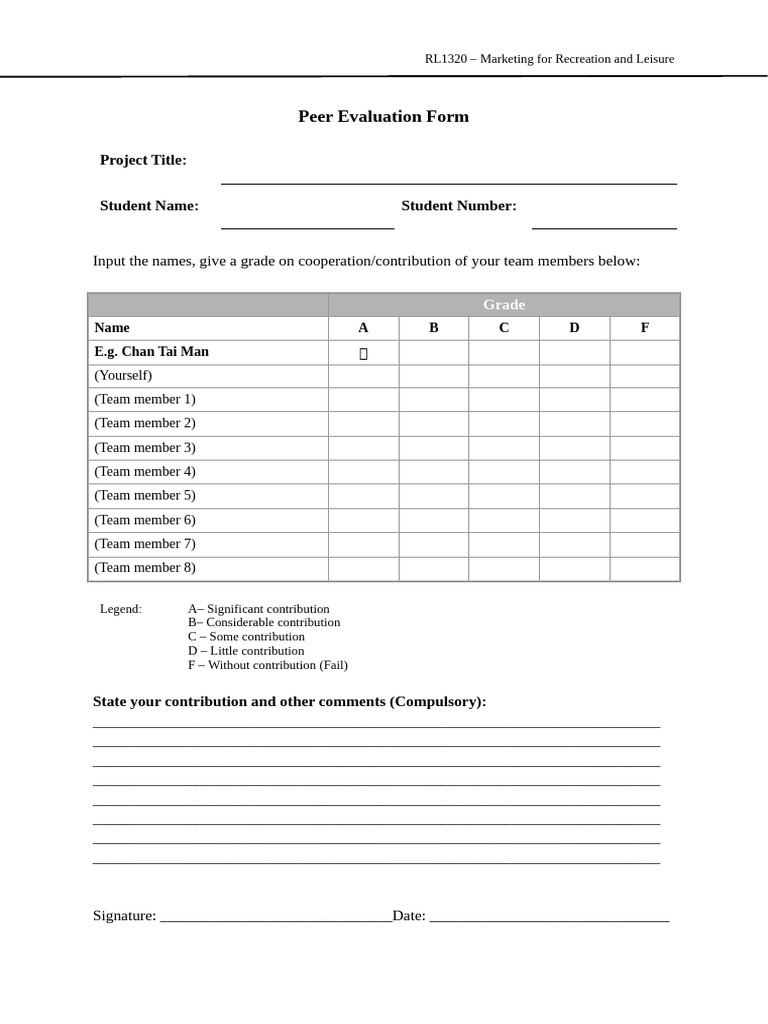 Peer Evaluation Form - RL1320 | PDF
