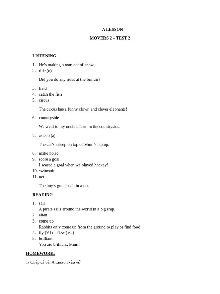 A Lesson Movers 2 Test 2 | PDF