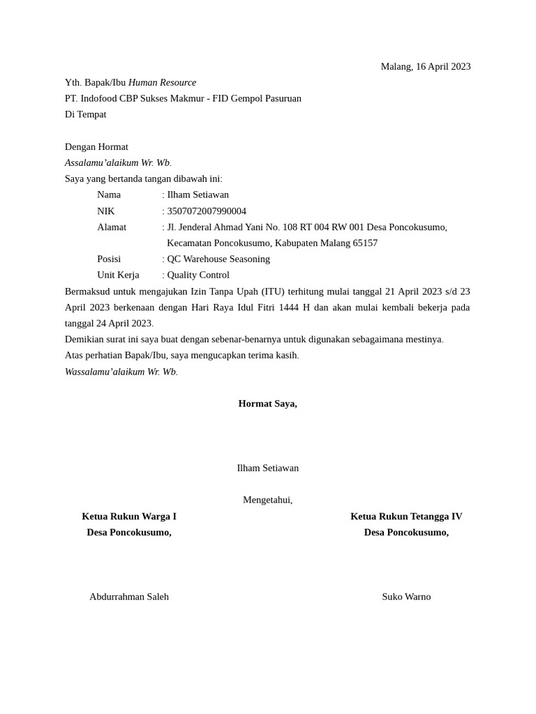 Surat Izin Tanpa Upah Ilham | PDF