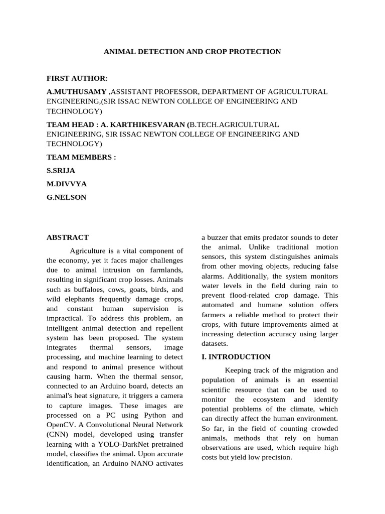 Paper Animal Detection - Crop Protection | PDF | Agriculture | Computing