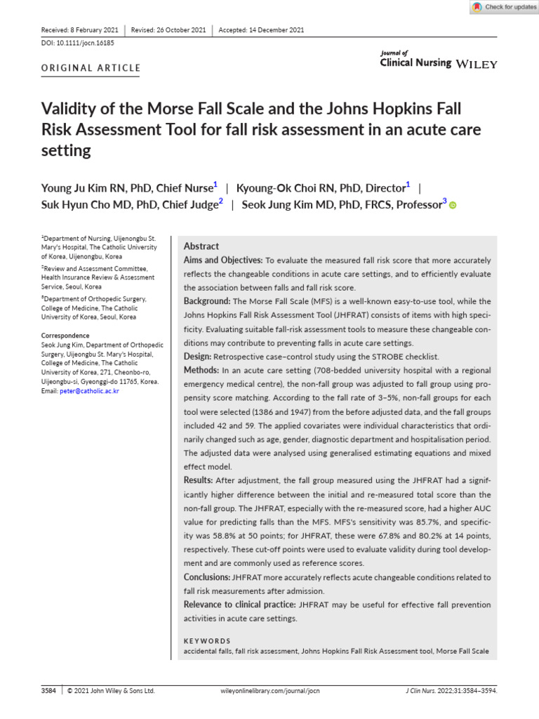 JHFRAT vs. Morse Fall Scale Validity | PDF | Receiver Operating ...