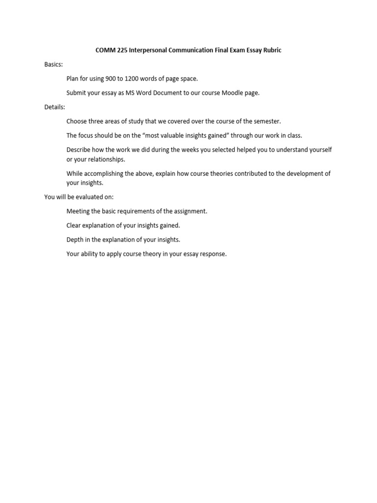 COMM 225 Final Exam Reflection Essay Rubric | PDF