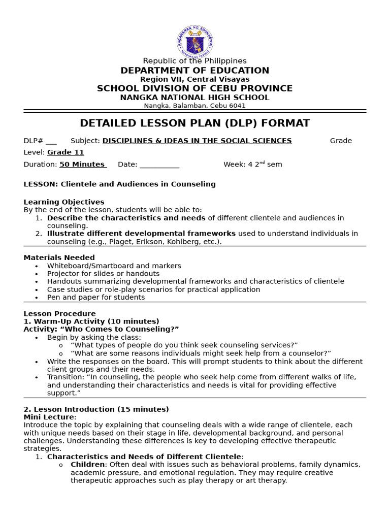 Counseling Clientele: A Lesson Plan | PDF | Psychotherapy ...