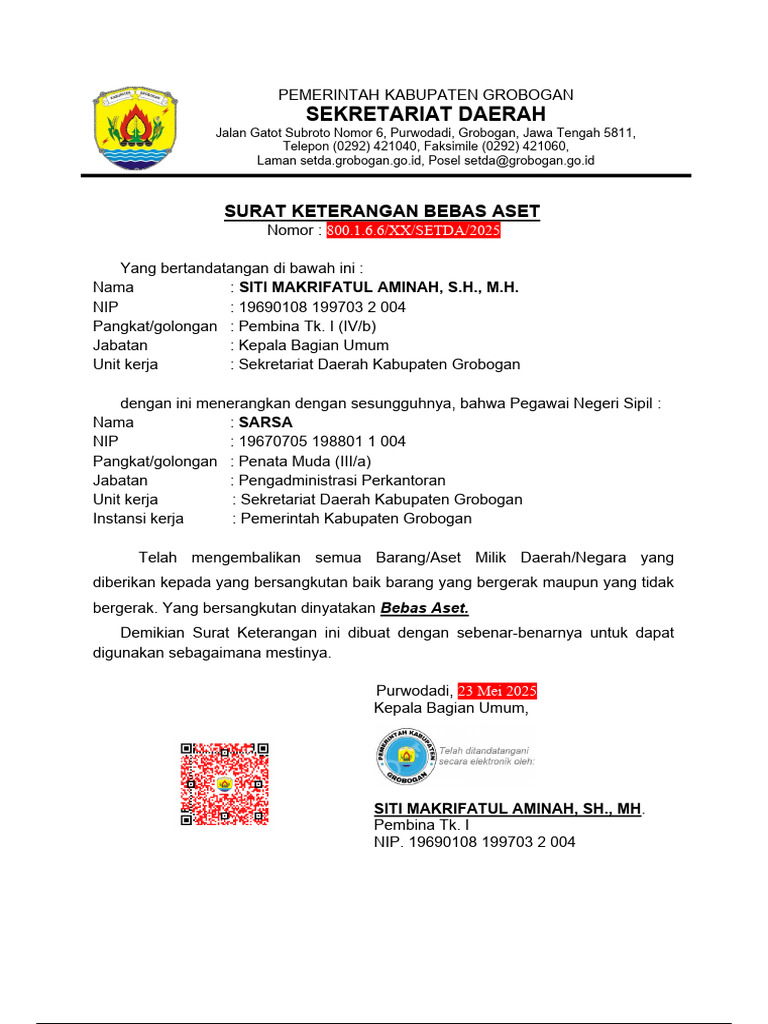 20250523075506surat Pernyataan Bebas Aset Sarsa | PDF