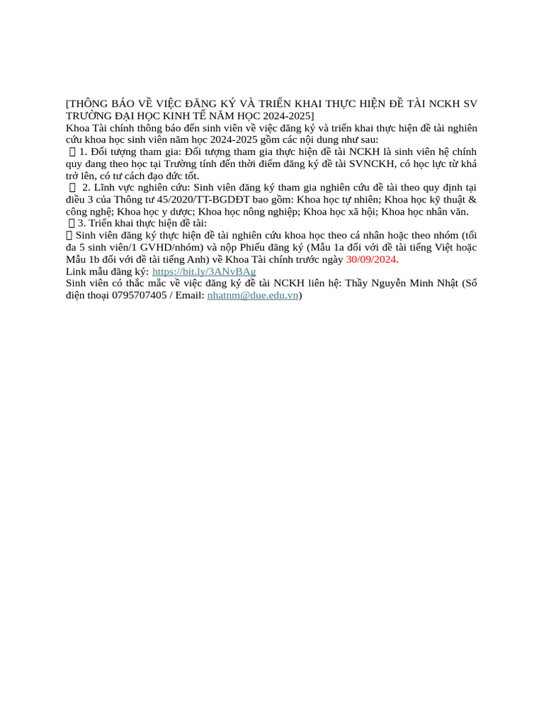 THÔNG BÁO VỀ VIỆC ĐĂNG KÝ VÀ TRIỂN KHAI THỰC HIỆN ĐỀ TÀI NCKH SV 2024 | PDF