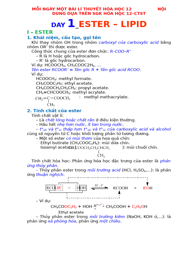 Lí thuyết ngày 1_Ester-Lipid | PDF