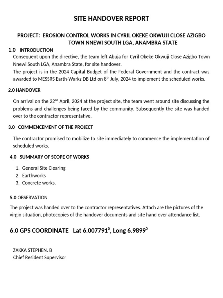 Site Handover Report in Cyril Okeke Okwuji Close Azigbo | PDF