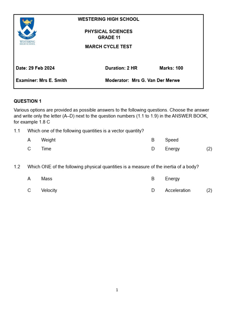 GR 11 Physical Sciences March 2024 | PDF | Force | Friction