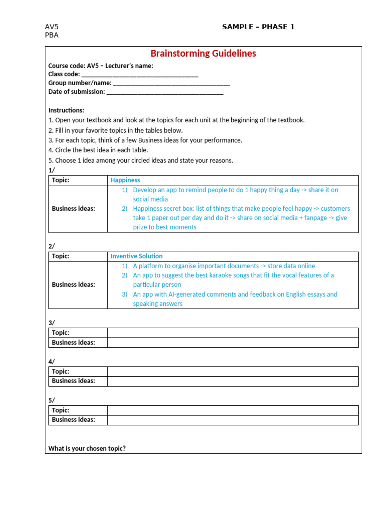 Anh Văn 5 - Sample PBA Manual - PHASE 1 - Brainstorming Guidelines 2 | PDF | Learning | Human ...
