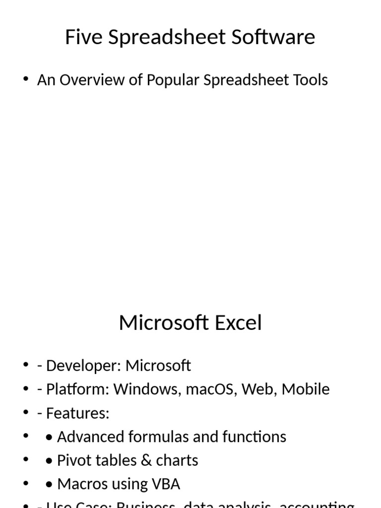 Five Spreadsheet Software Presentation | PDF