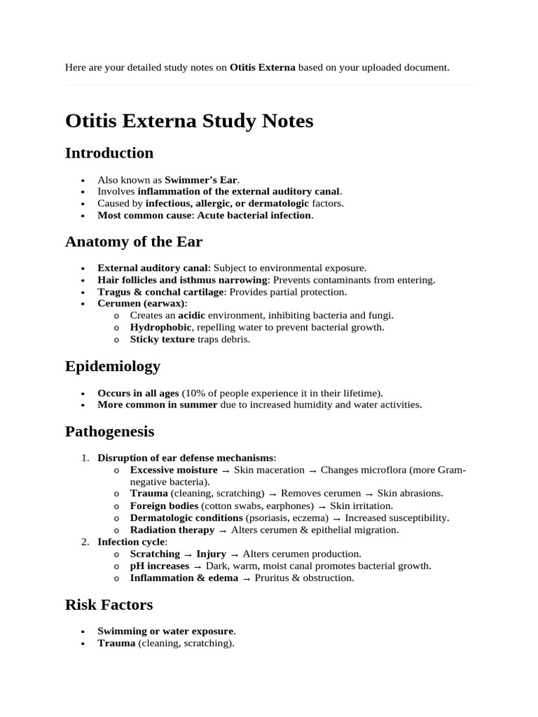Otitis Externa Study Notes | PDF | Clinical Medicine | Diseases And ...