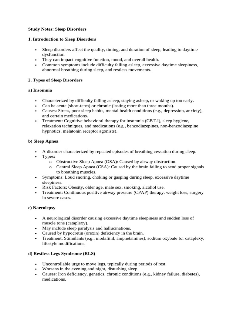 Study Notes - Sleep Disorders | PDF | Insomnia | Sleep Disorder