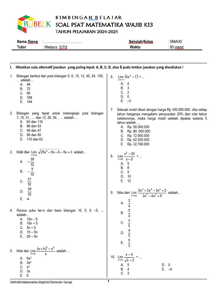 2425 MARJAYA - Matematika Wajib Kelas XI K13 (Aldy-Nadhif-Zahra) | PDF