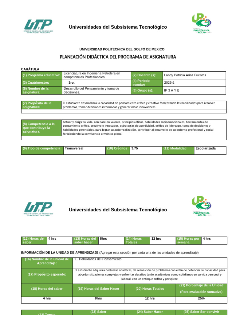 Formato de Planeación Del Programa de Asignatura. 3er Cuatrimestre | PDF | Enseñando | Evaluación