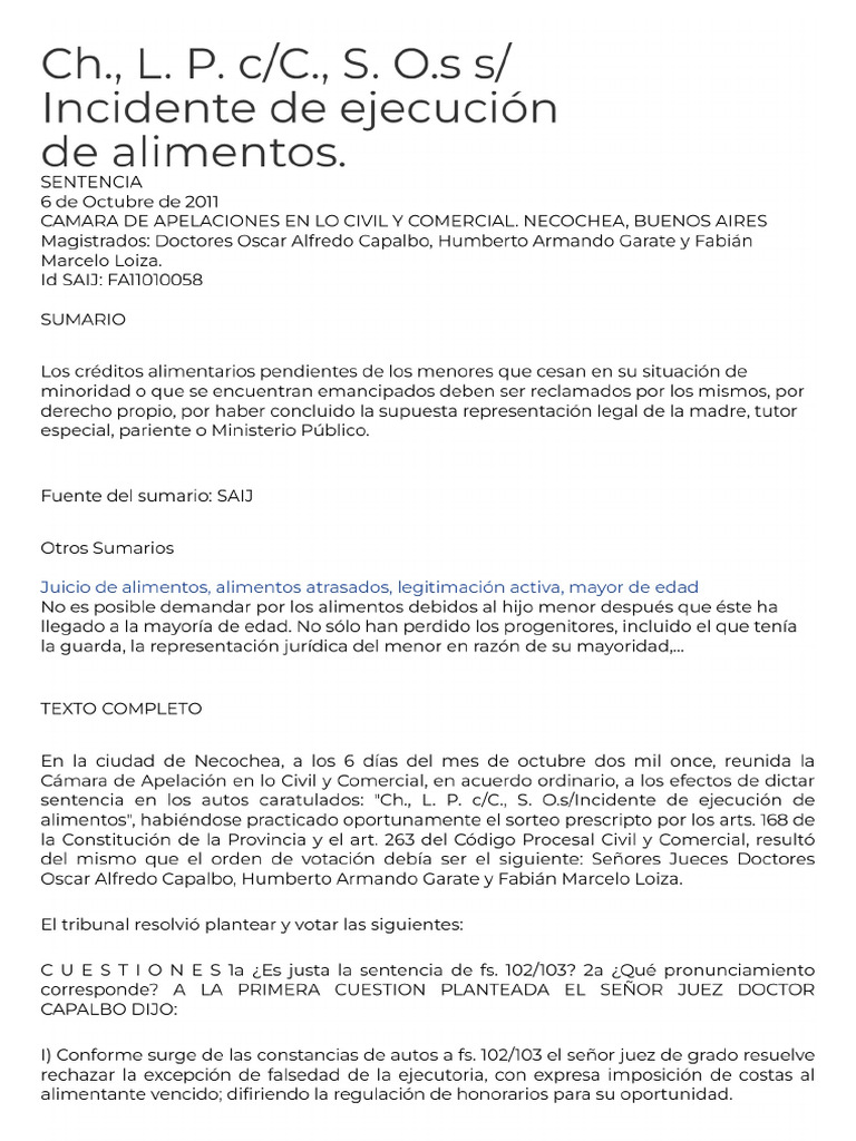 2011 Hijo Mayo Debe Reclamar Alimentos Devengados No Percibidos CH., L. P. C - C., S. O.S S ...