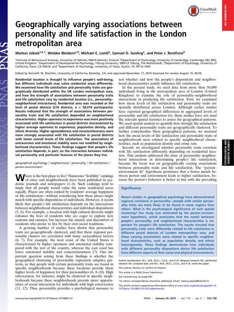 Jokela Et Al Geographically Varying Associations Between Personality and Life Satisfaction in ...