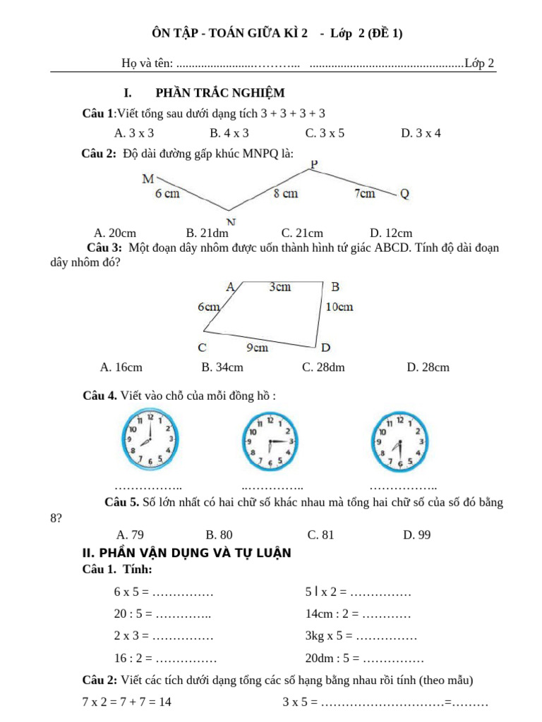 De Thi Hoc Ki 2 Lop 2 | PDF