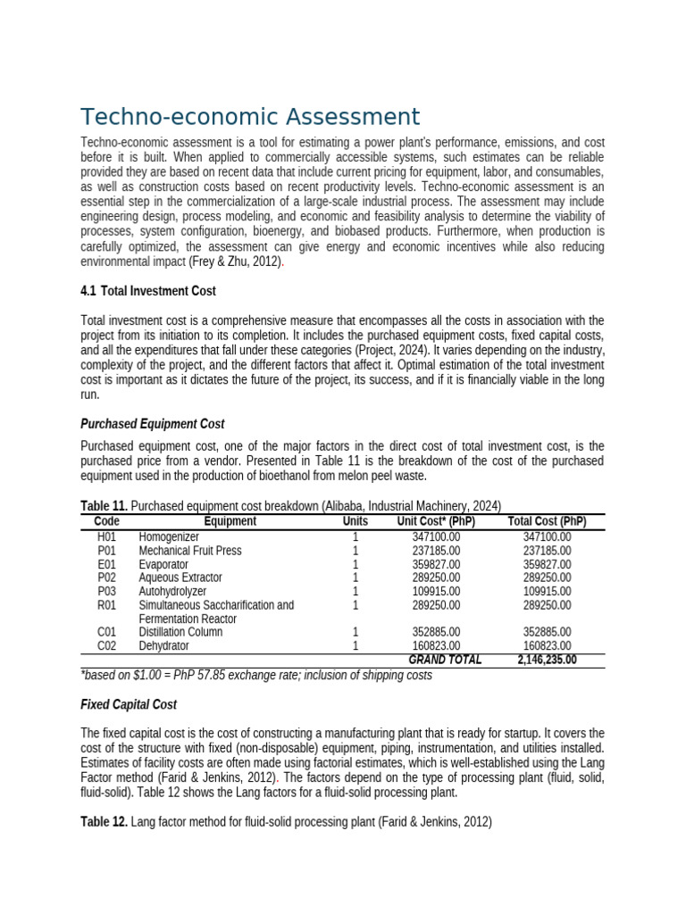 techno economic assessment | PDF | Cost | Capital (Economics)