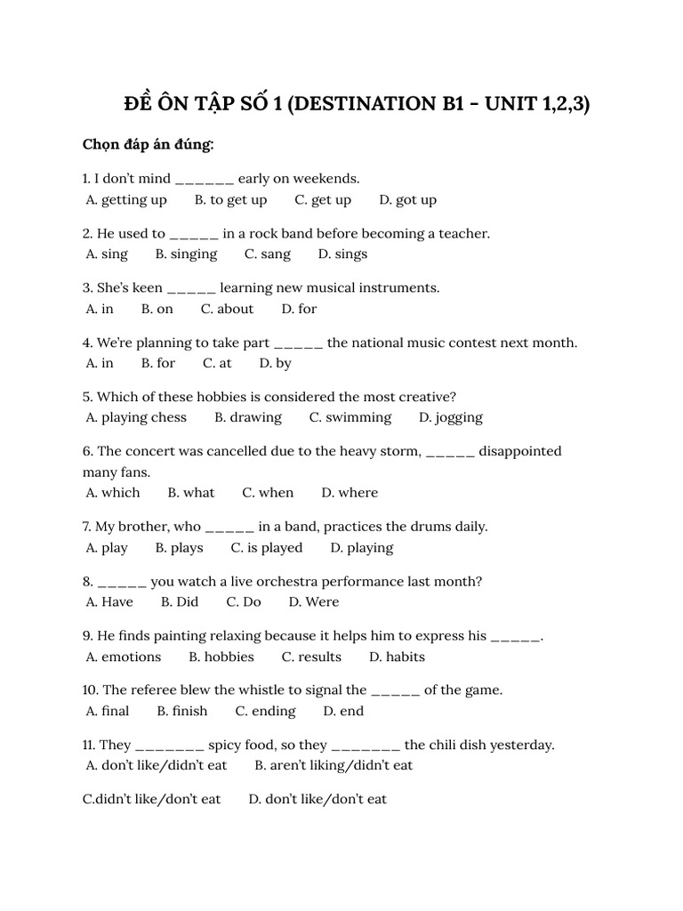 Đề Ôn Tập Số 1 (Destination b1 - Unit 1,2,3) | PDF