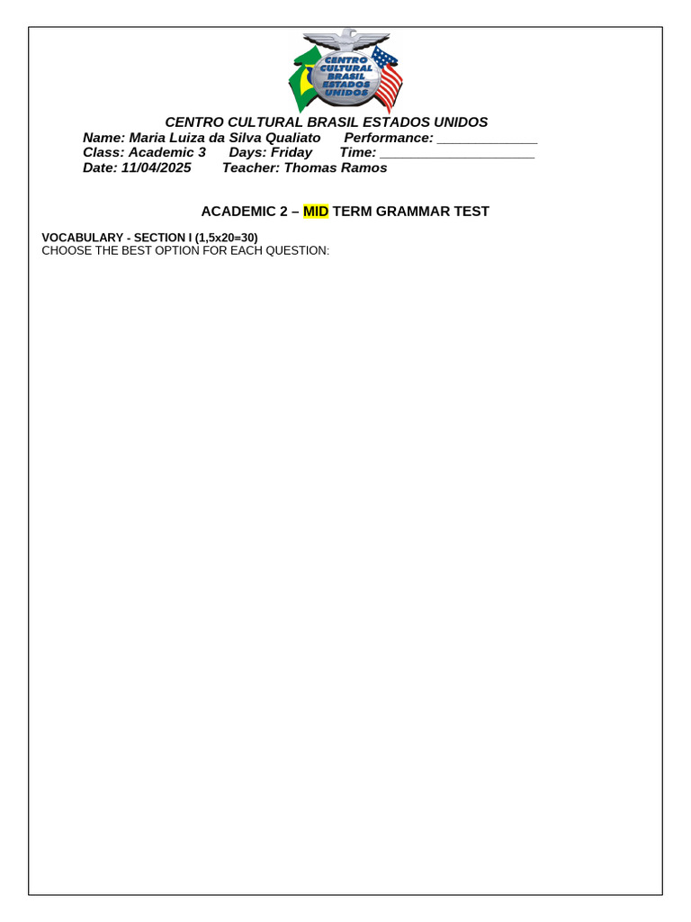 Midterm Grammar Test For Academic 2 Pdf