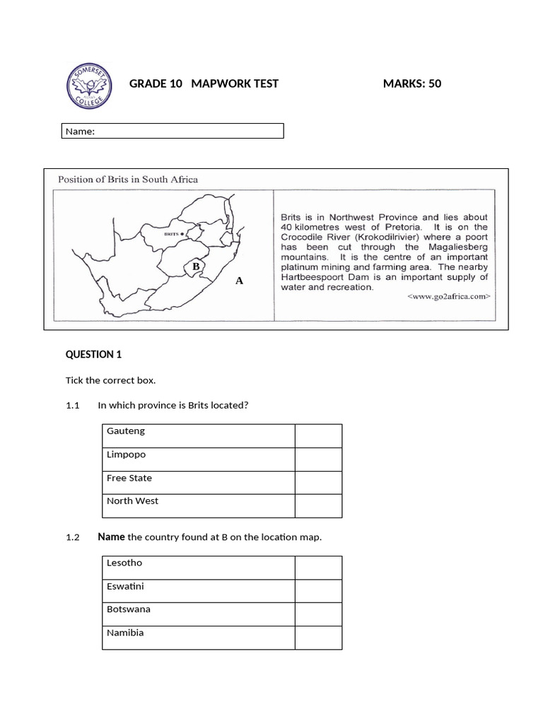 Grade 10 Brits Mapwork Test - 2023 4 | PDF | Geographical Technology ...