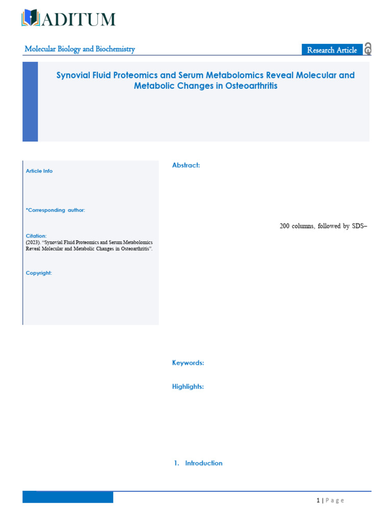 Synovial Fluid Proteomics and Serum Metabolomics Reveal Molecular and Metabolic Changes in ...