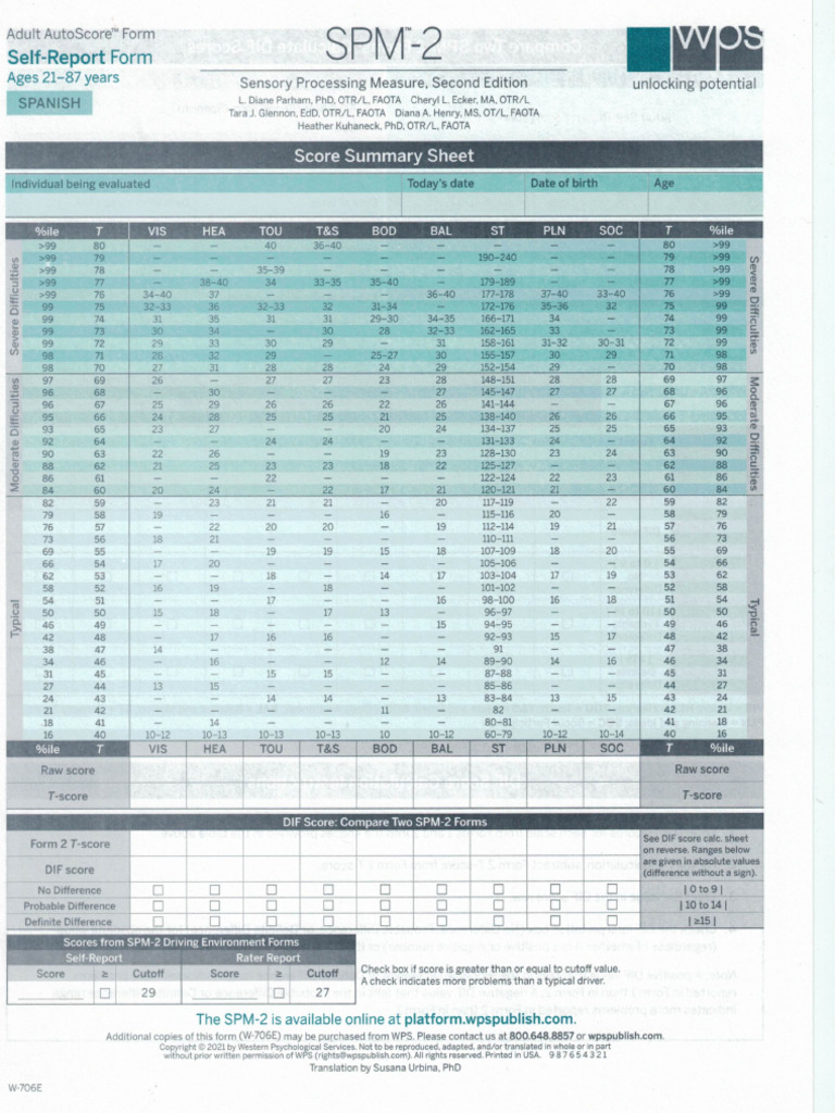 Adult Autoscore Self-Report | PDF