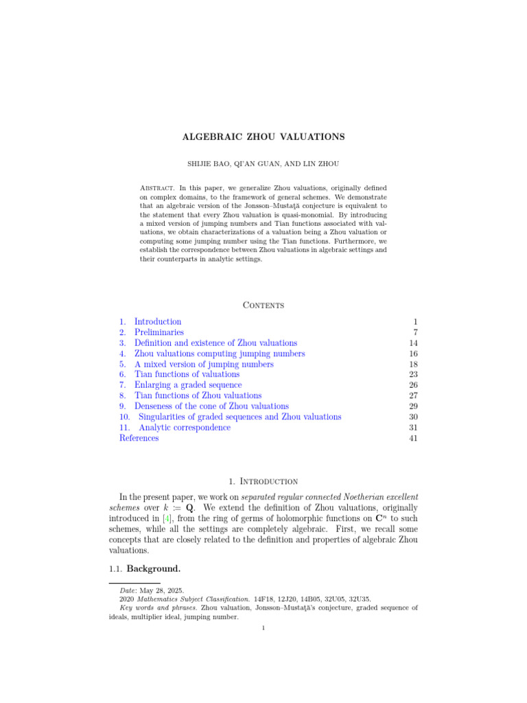 Algebraic Zhou Valuations: Abstract | PDF | Abstract Algebra | Geometry