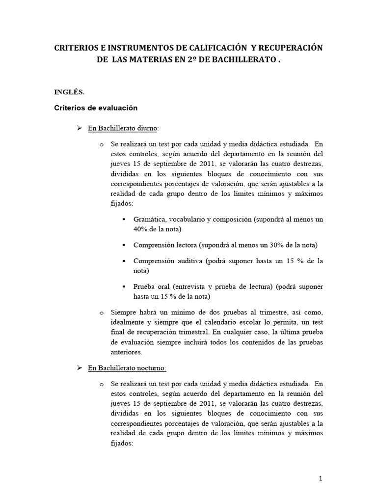 6.criterios de Calificacion 2 Bach | PDF | Evaluación