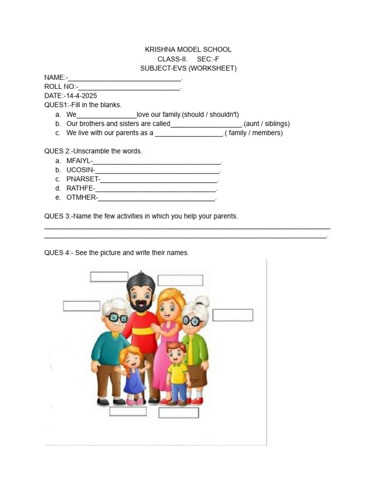 Class II EVS Worksheet on Family | PDF