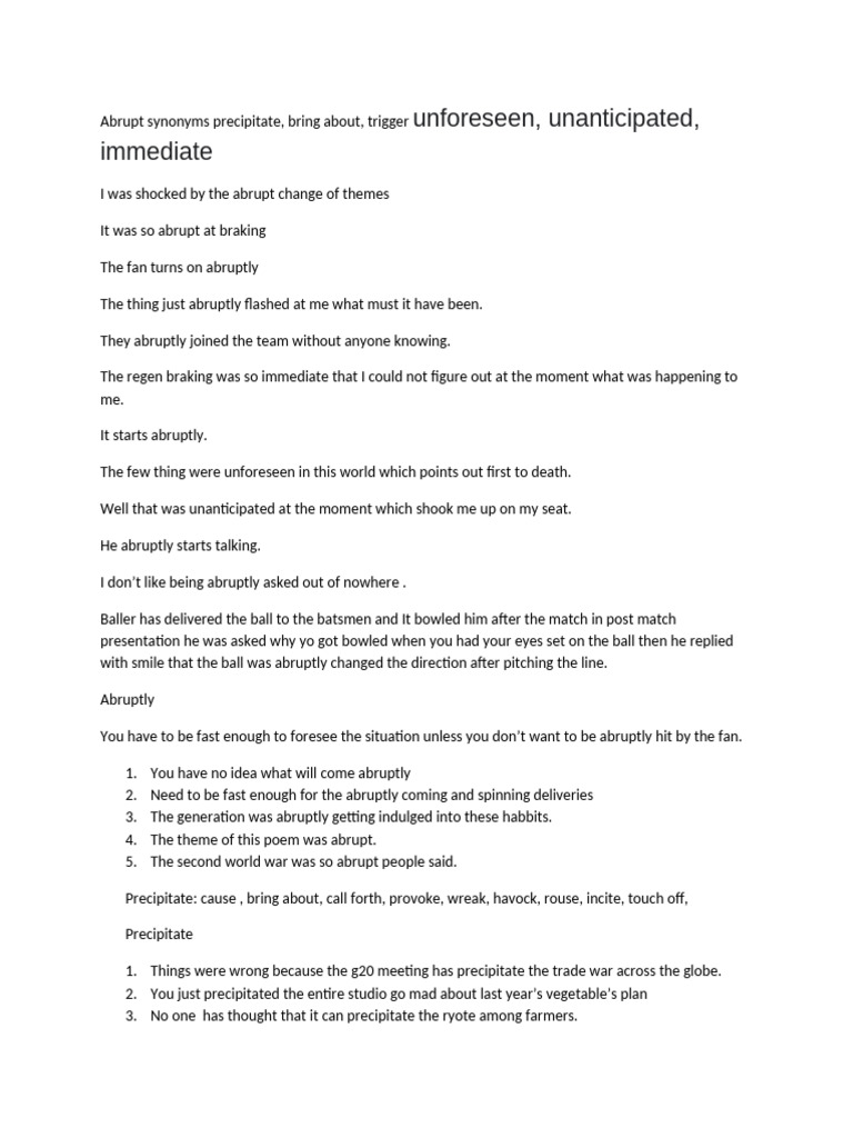 Abrupt Synonyms Precipitate | PDF