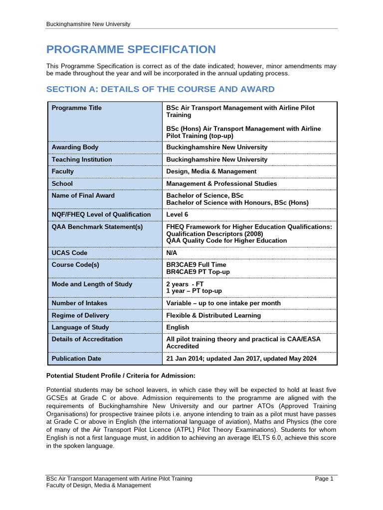 BSc Air Transport Management & Pilot Training | PDF