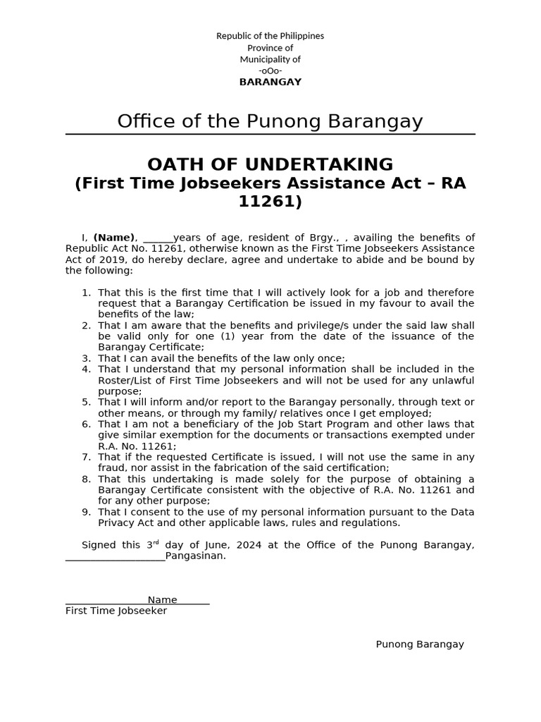Oath of Undertaking (First Time Job Seeker) | PDF