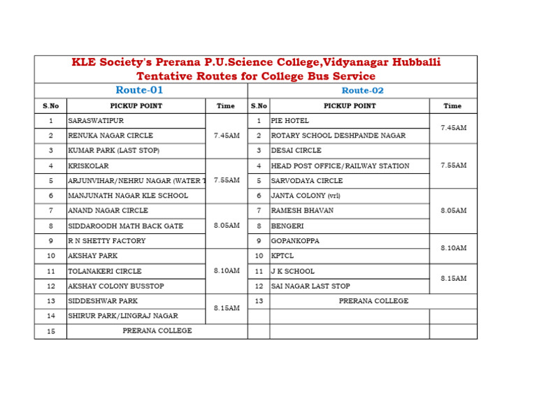 Prerana College Bus Routes and Timings | PDF