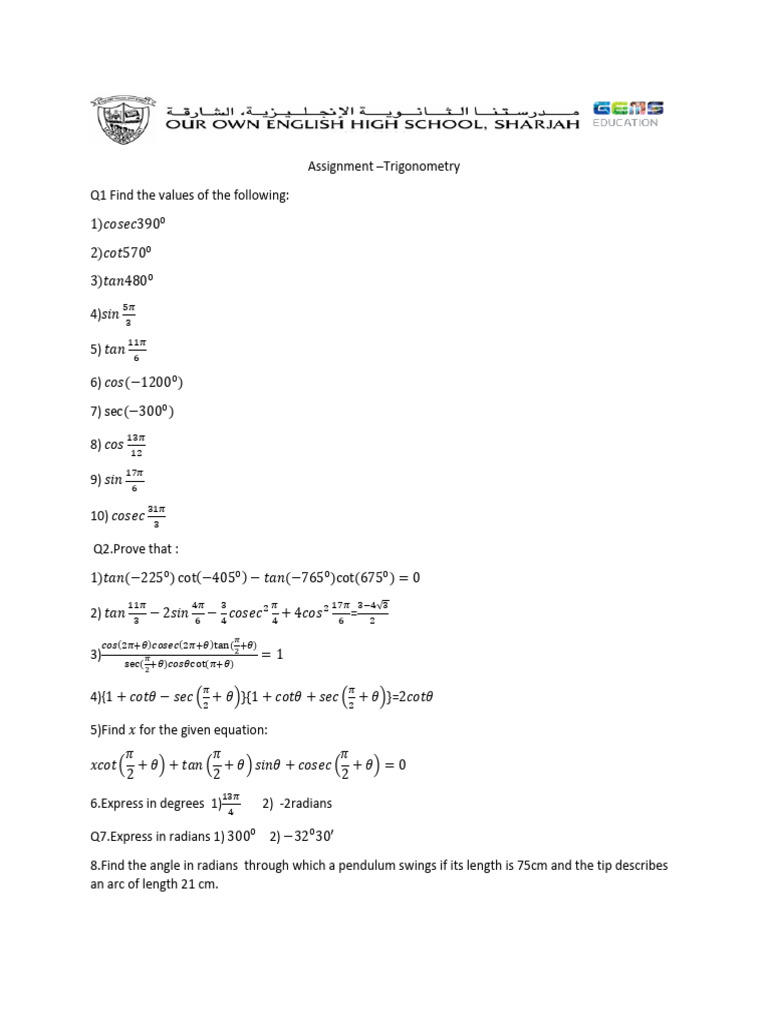 Assignment 1-Trigonometry | PDF