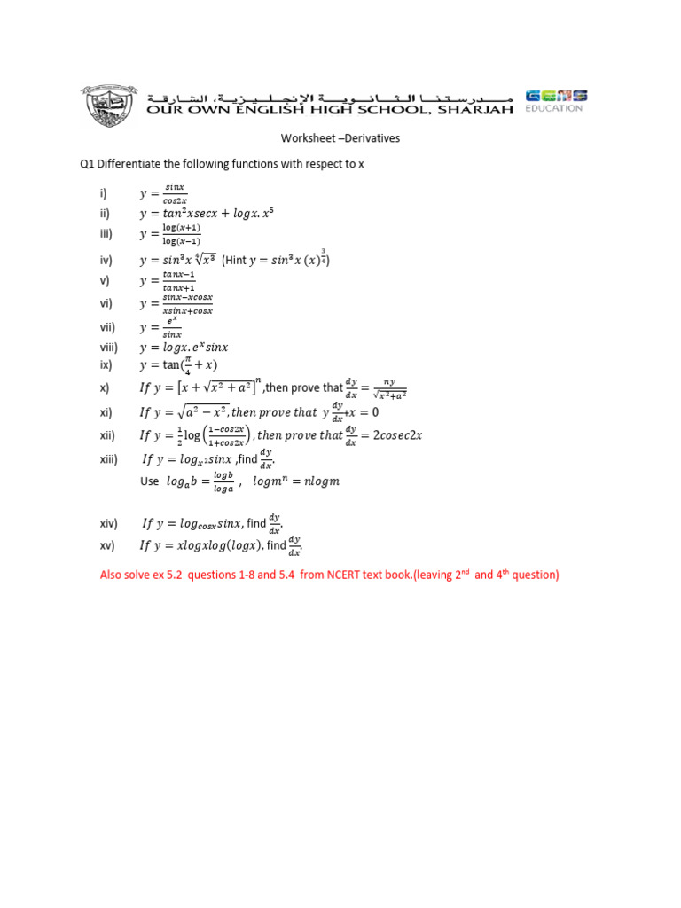 Worksheet1 - Chain Rule | PDF