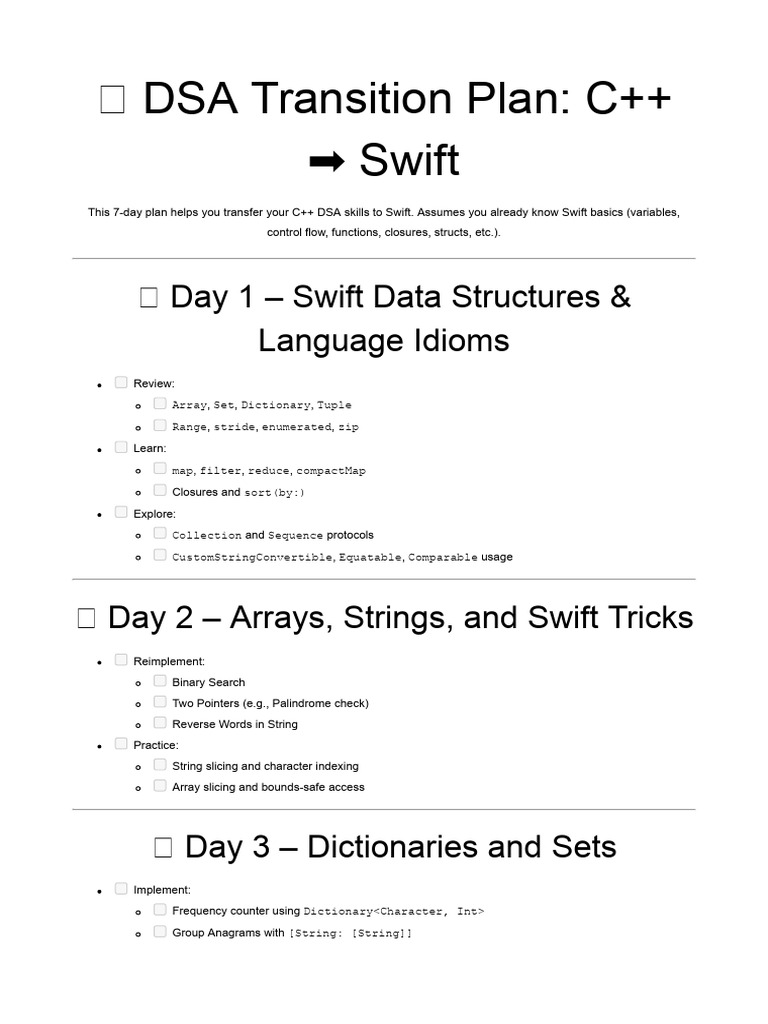 Swift DSA Transition Checklist | PDF | Swift (Programming Language) | Queue (Abstract Data Type)