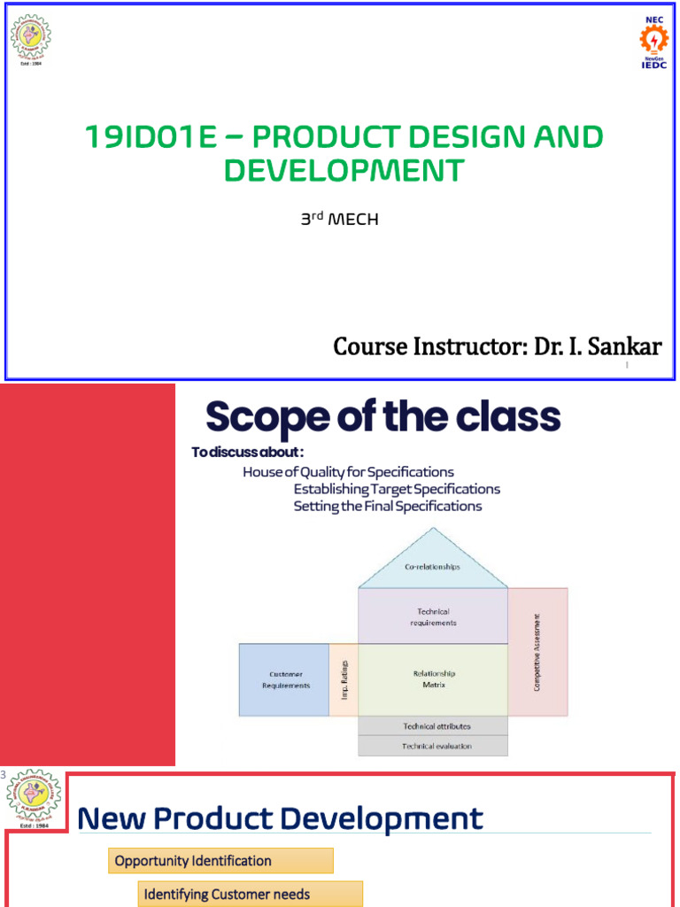 19Id01E - Product Design and Development: Course Instructor: Dr. I. Sankar | PDF